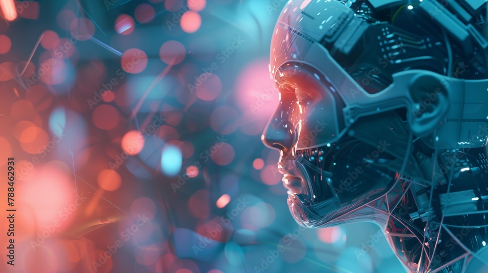 AI Artificial Intelligence ASI robot side face look at streams of data ...