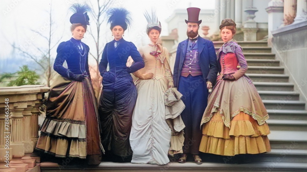 1850s Fashion Victorian style man and women in elegant clothes with hat ...