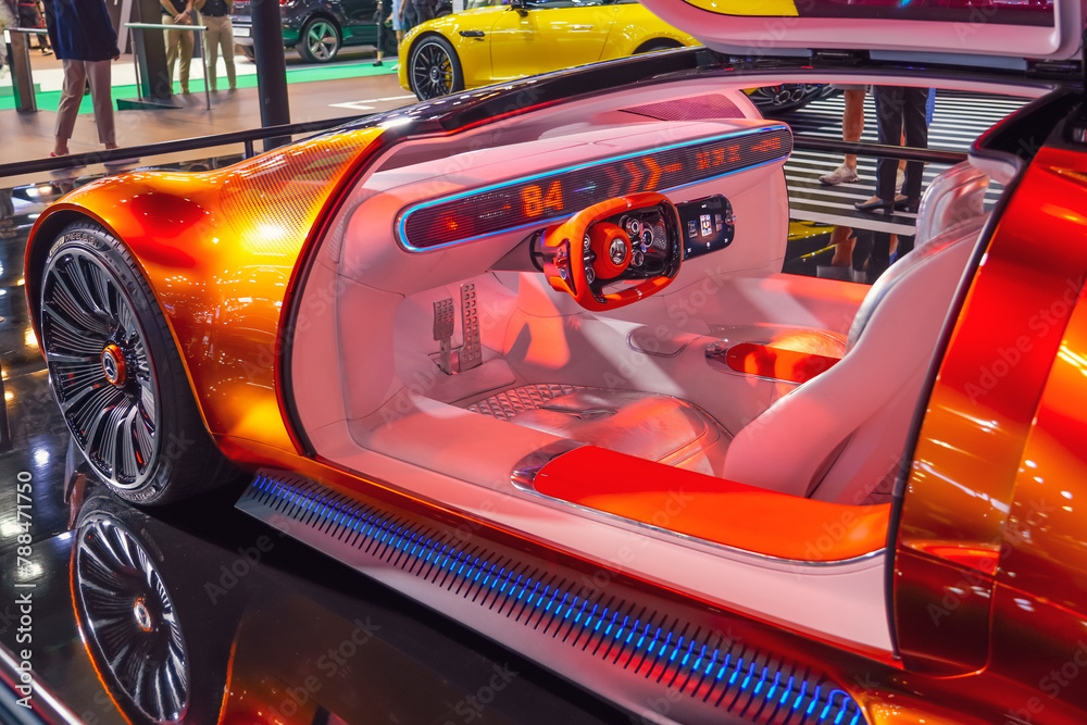 Orange Mercedes New Vision one - eleven model. Salon interior seats and ...