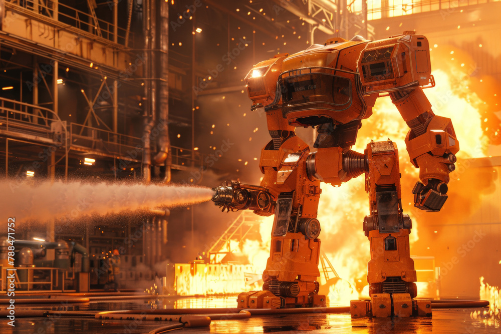 An AI robot firefighter battling a massive blaze in a warehouse. The ...