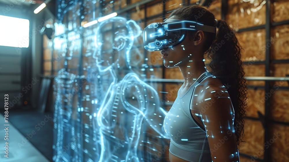 An athlete in a virtual reality headset performs a complex gymnastics ...