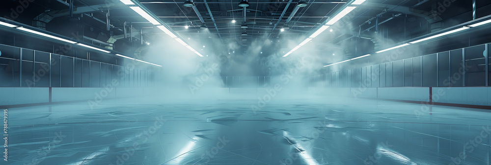 ice rink with fog, smoke and a dark sky background, empty stadium ...