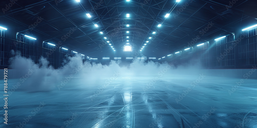 ice rink with fog, smoke and a dark sky background, empty stadium ...