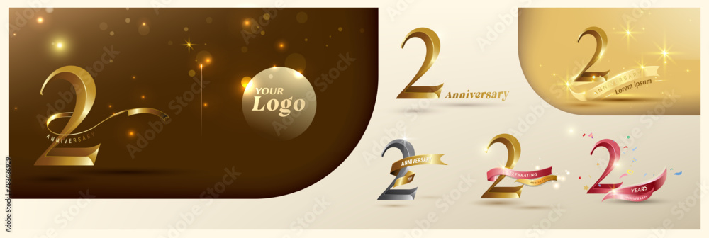2nd anniversary logotype modern gold number with shiny ribbon ...