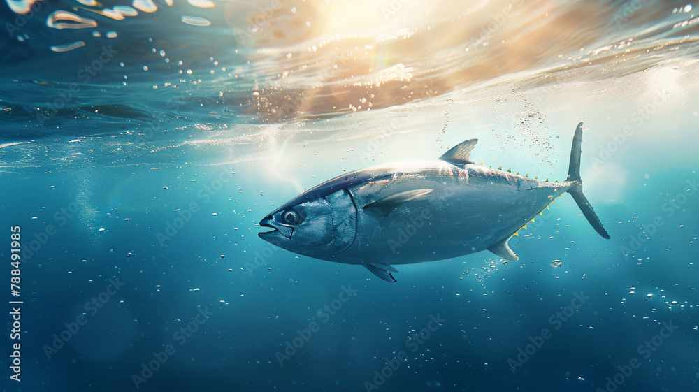 sleek tuna fish swim gracefully in the ocean's depths, illuminated by ...