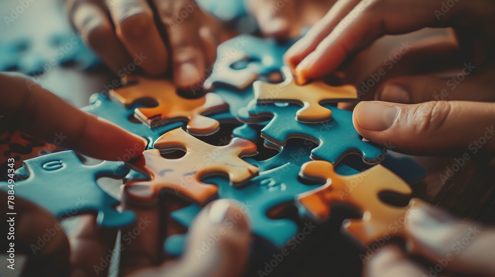 Focus on a team s hands assembling puzzle pieces that form a company ...