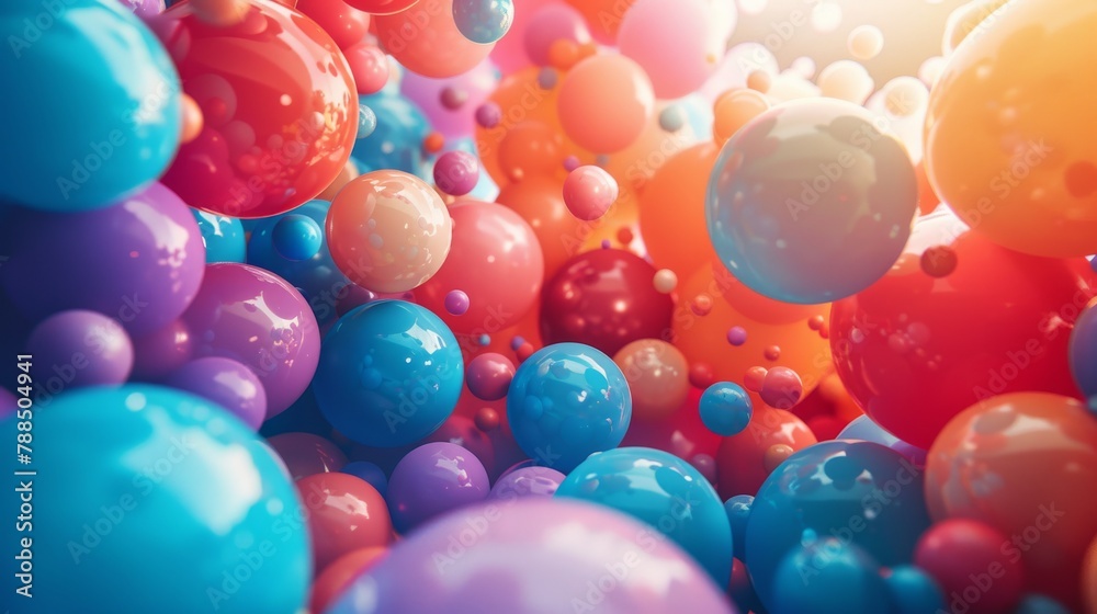 A lot of colorful balls with a shiny surface are floating in the air ...