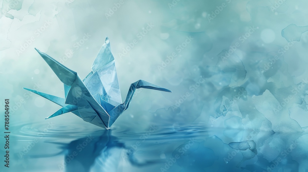 An origami crane floating on a still pond, surrounded by soft ripples ...