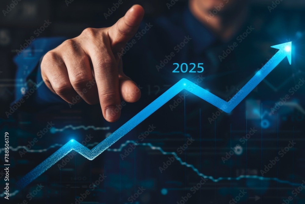Person touches a digital graph showing an upward trend toward 2025 ...
