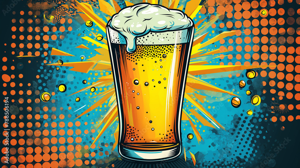Sparkling beer glass poster designed in pop art style for bar wall ...