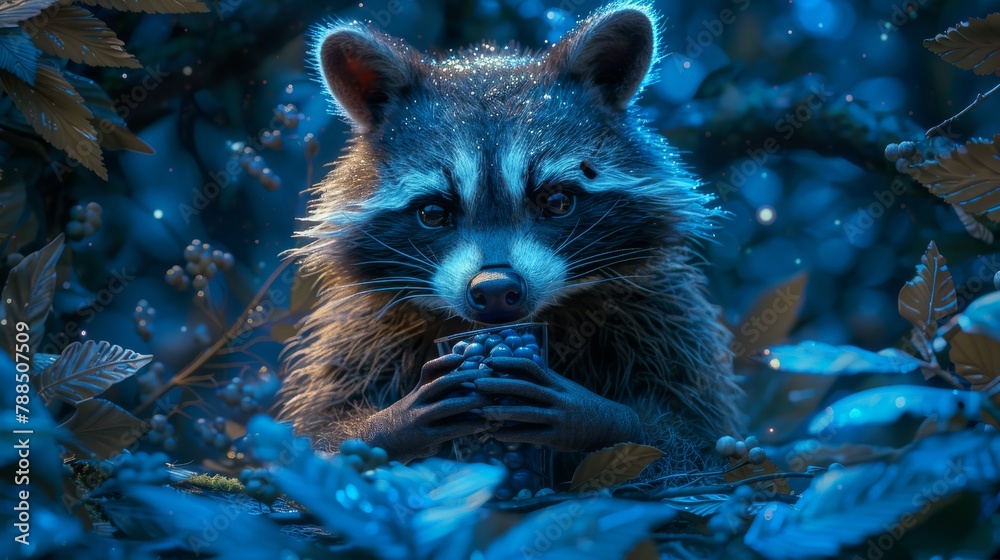 Grinning raccoon enjoying a berry blast bubble tea, nestled in a bed of ...
