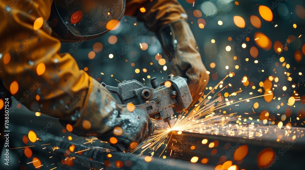 Steelworker cutting metal, bright sparks flying, deep shadows creating ...