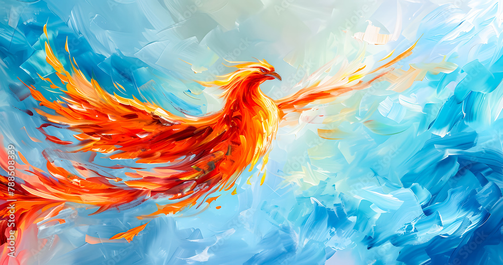 abstract painting of a burning phoenix bird flying in a blue sky full ...