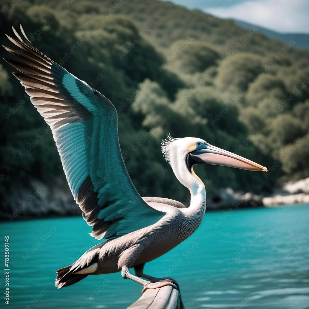Foto de Pelícano con tonos azules y las alas extendidas posado junto a ...