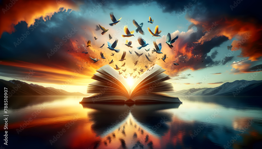 A giant open book floating above a lake, its pages transforming into ... A giant open book floating above a lake, its pages transforming into ...