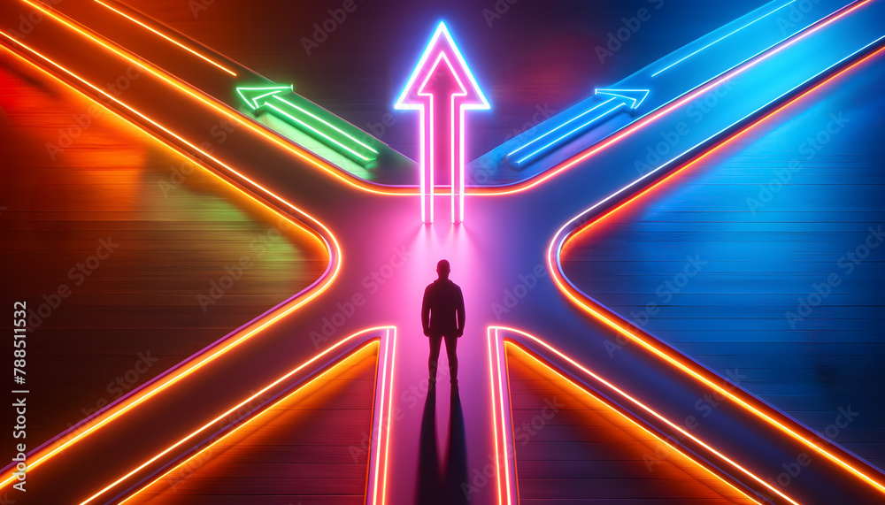 Silhouette of a person at a crossroads, highlighted by neon lights. The ...