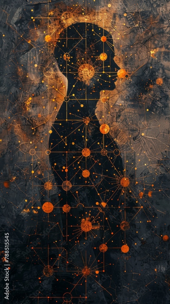 Produce a detailed oil painting capturing a rear view Human Network Map ...