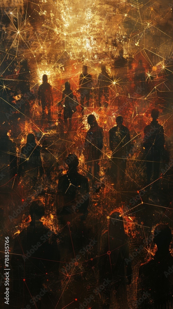 Produce a detailed oil painting capturing a rear view Human Network Map ...