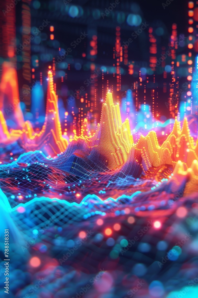 Craft a front-facing, minimalist digital rendering of dynamic data visualization patterns ...