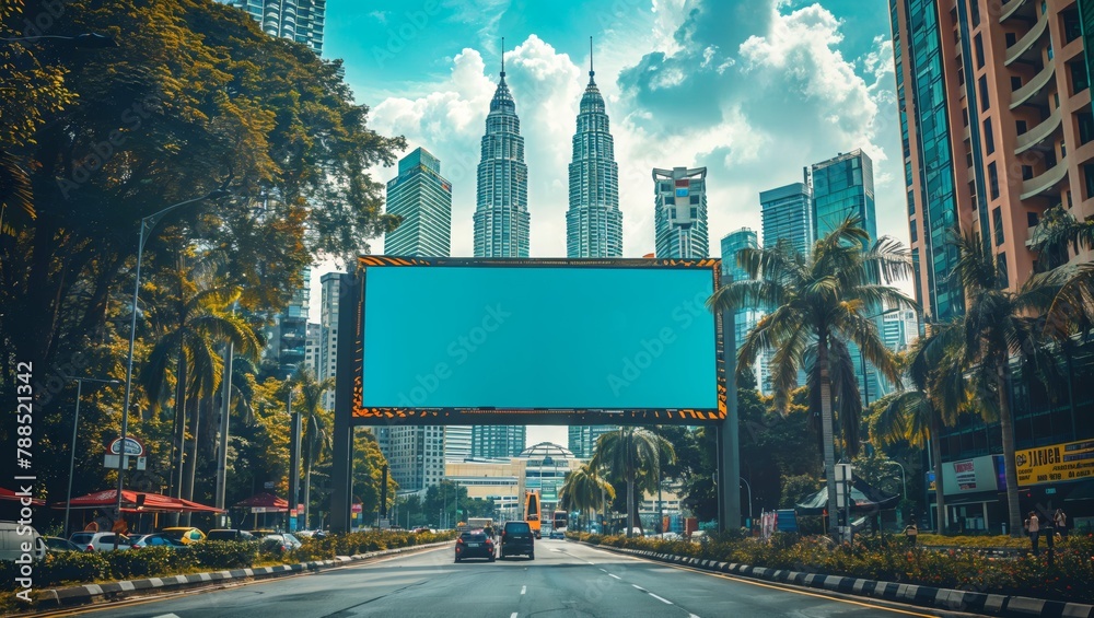 Vertical billboard mock up on a crowded avenue in Kuala Lumpur, framed ...