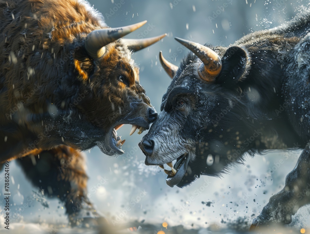A muscular brown bull and a large black bear face off in a snowy field ...