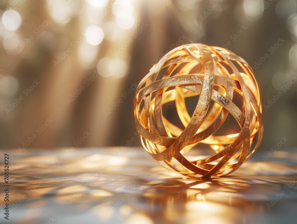 A golden sphere sits on a reflective surface. The sphere is made of ...