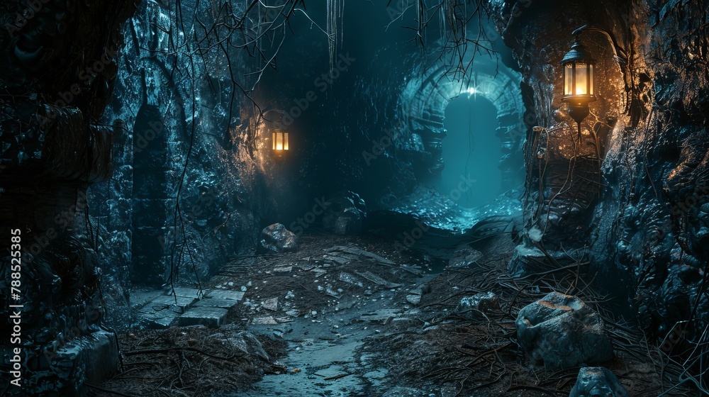 Fantasy stone dungeon cave with glowing lanterns on walls, lamp ...