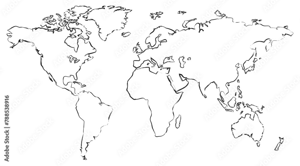 Hand drawn world map illustration. Painted global Earth map. Line ...