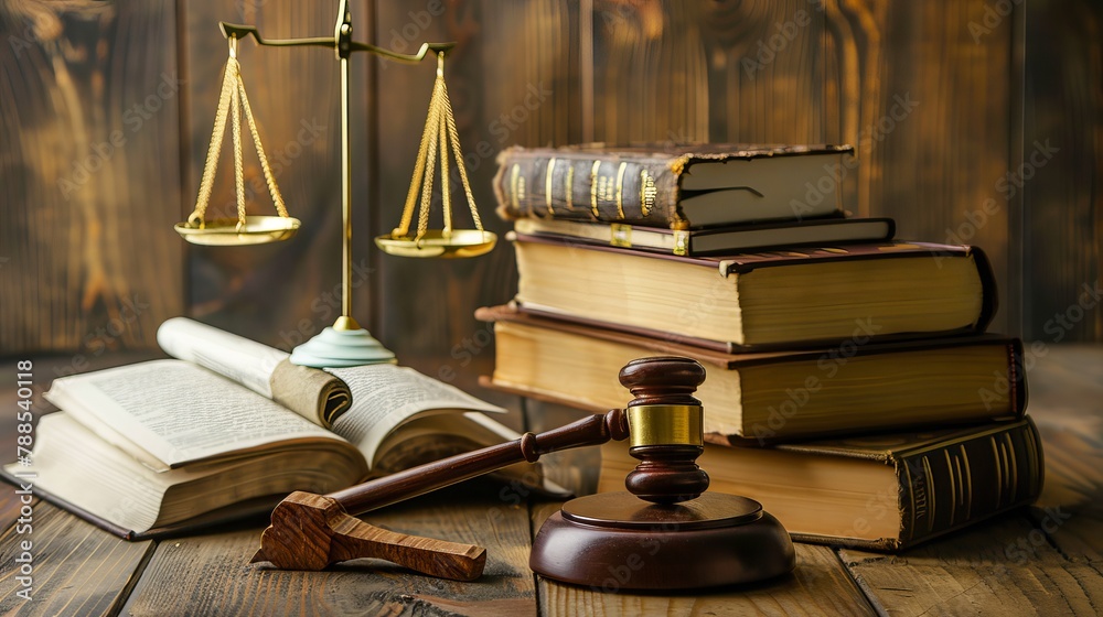 Law theme, mallet of the judge, justice scale, books, wooden desk Stock Photo | Adobe Stock