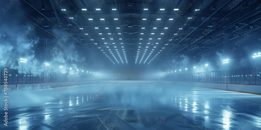 ice rink with fog, smoke and a dark sky background, empty stadium ...