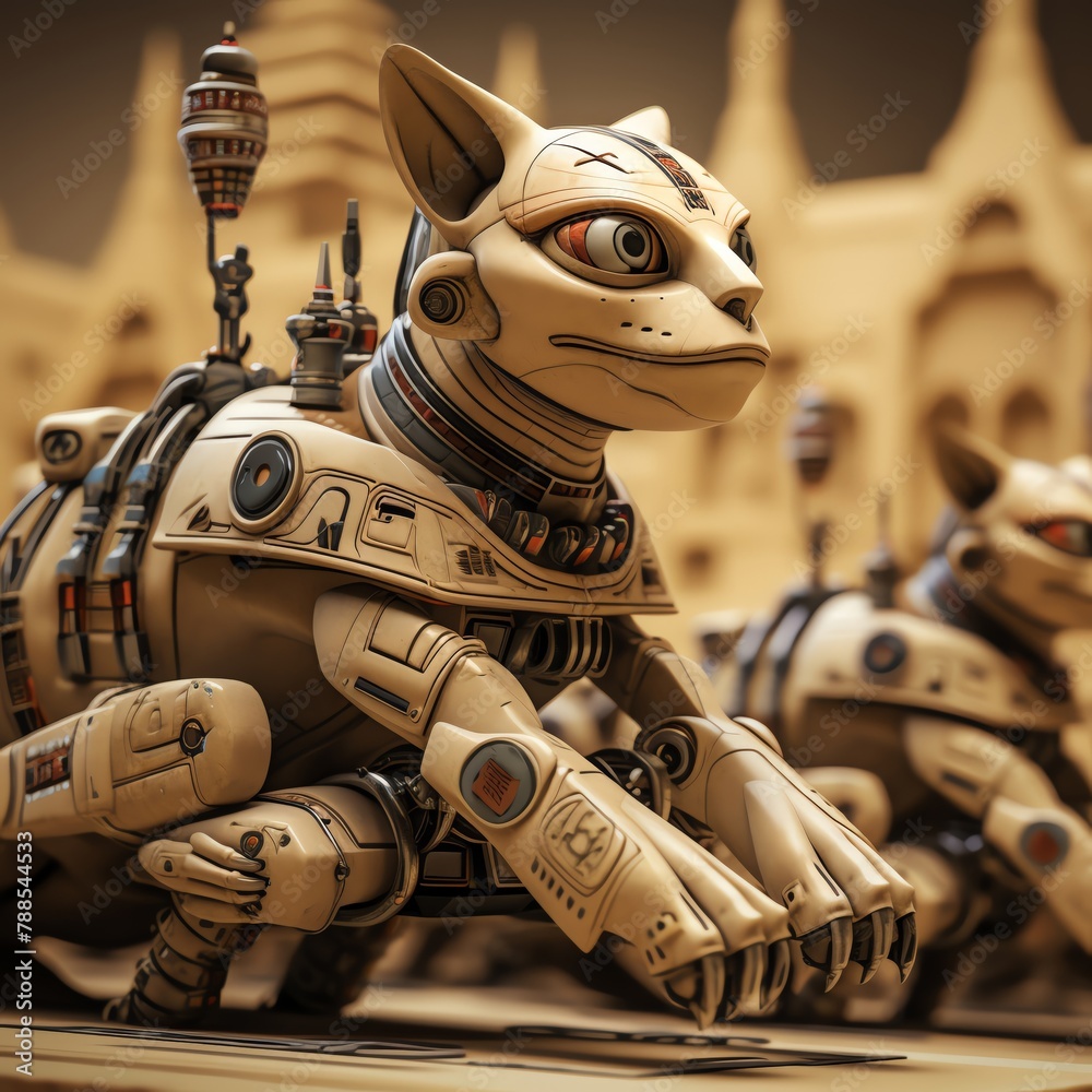 Illustrate sleek robotic sphinxes prowling amongst hovering hovercars ...
