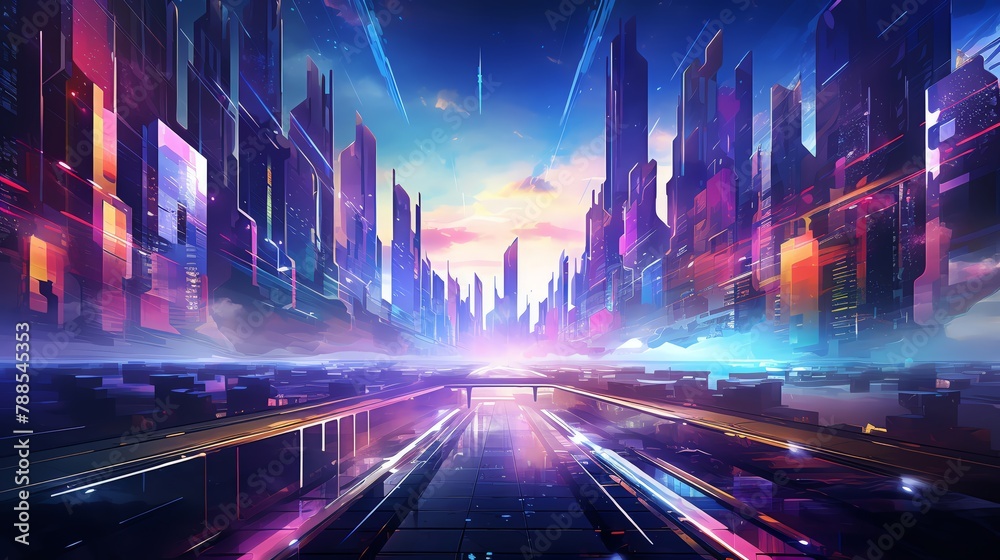 Capture a futuristic cityscape in pixel art style, blending elements of ...