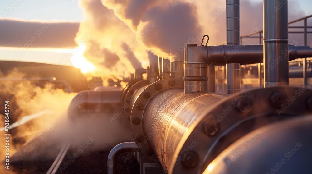 Detailed view of heat extraction machinery at a geothermal plant, with ...