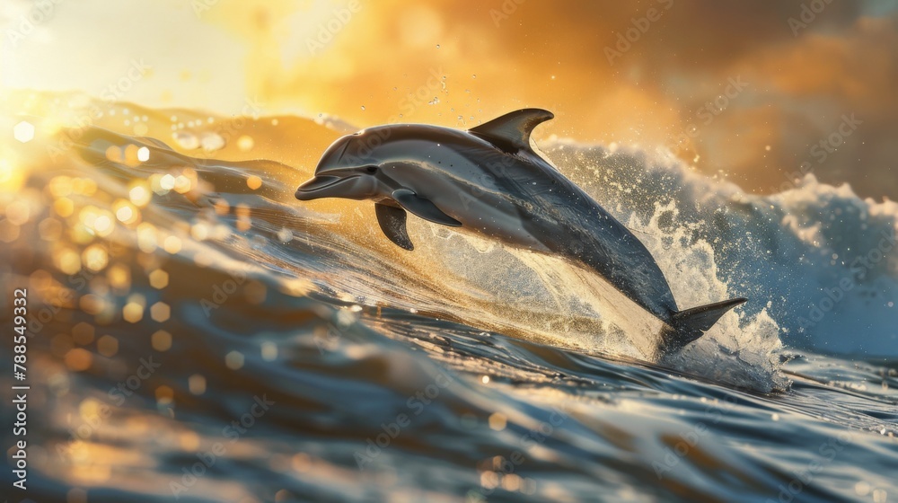A lone dolphin leaping out of the water in a playful arc, its sleek ...