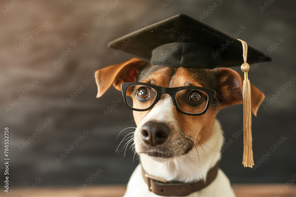 Cute anthropomorphic dog wearing a graduation cap and academic glasses ...