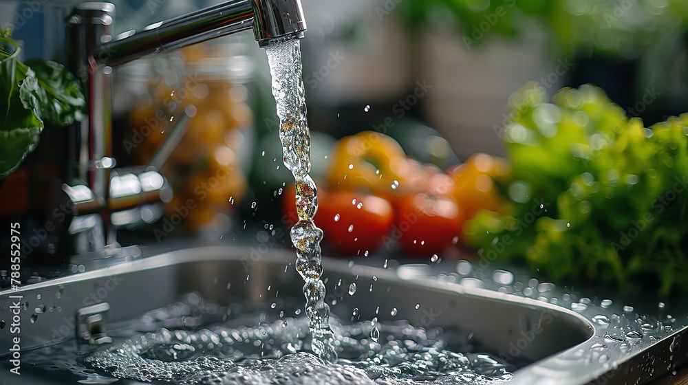 Water flowing out of a kitchen stainless steel tap into the sink ...