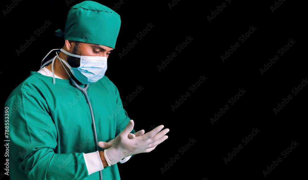 male caucasian nurse wearing medical gloves for protection in operation ...
