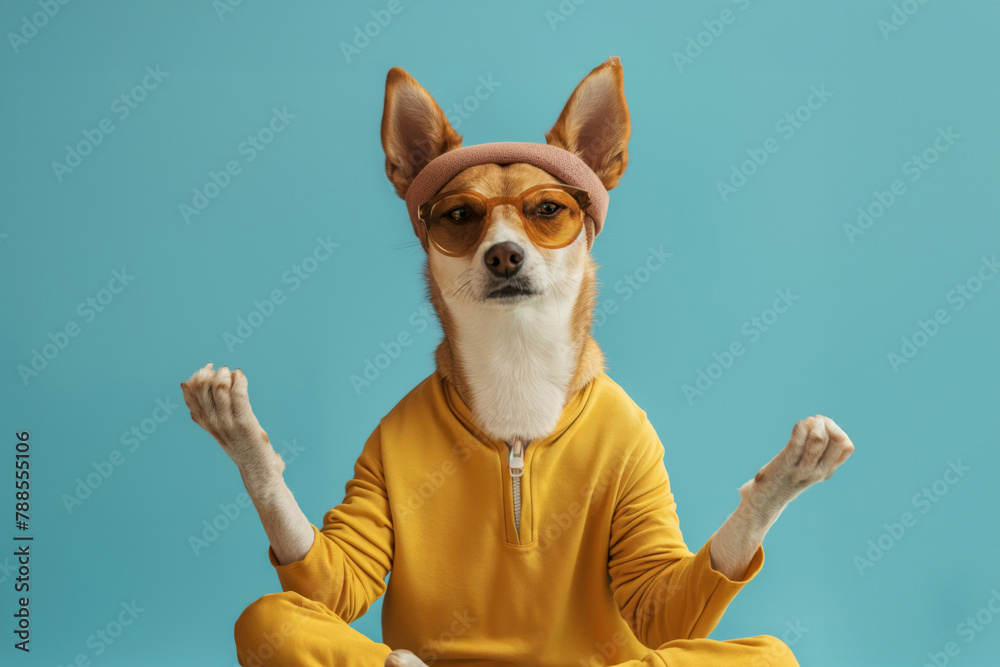 Humorous image of a dog with anthropomorphic features dressed in yoga ...