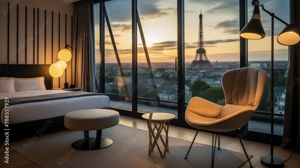 luxury hotel room in Paris, stunning views of the Eiffel tower Stock ...