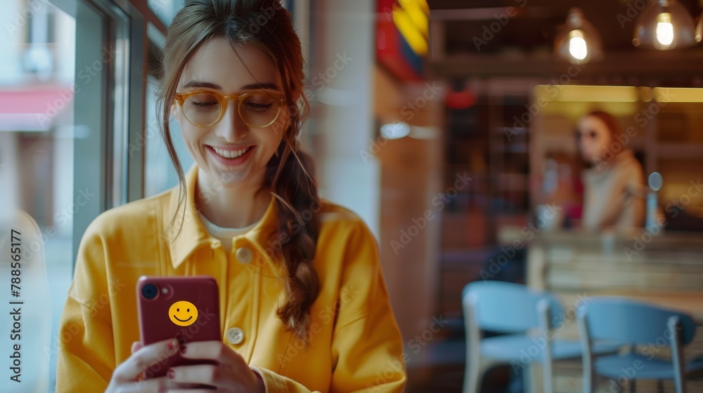 woman touching smartphone screen using smiley face emoticon with IoT ...