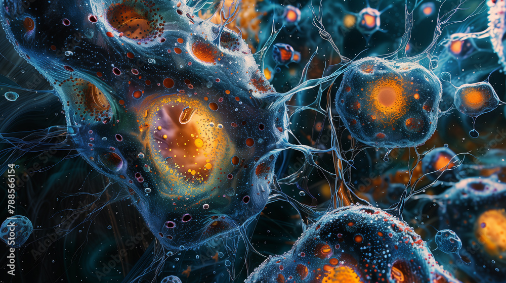 A detailed painting of a human cell, with Vitamin E depicted as tiny ...