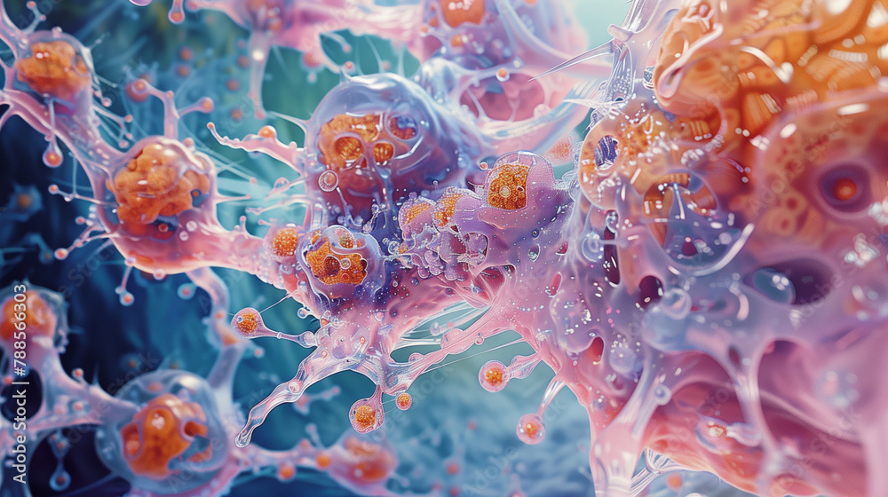 A detailed painting of a human cell, with Vitamin E depicted as tiny ...