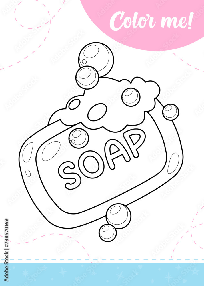 Coloring page for kids with bathing soap and foam for hand washing. A ...