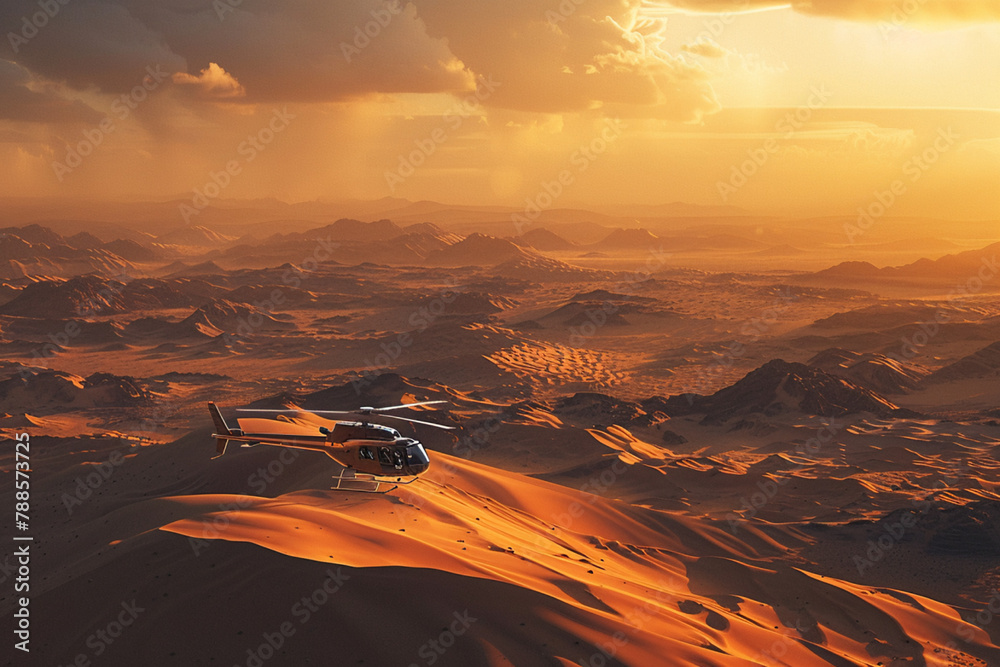 Design an image of a helipad set amidst a vast, otherworldly desert ...