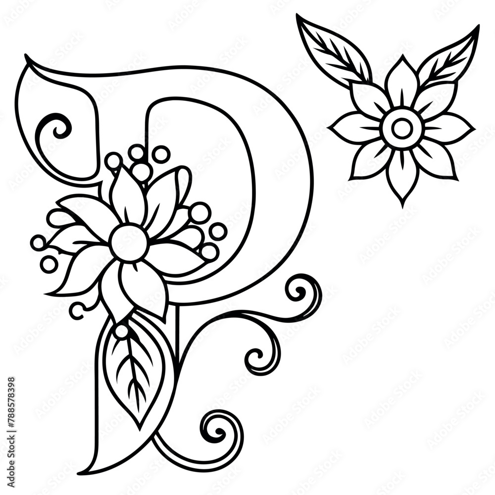 Alphabet P coloring page with the flower, P letter digital outline ...