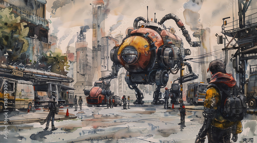 Traditional medium of watercolor, showcasing street art featuring ...