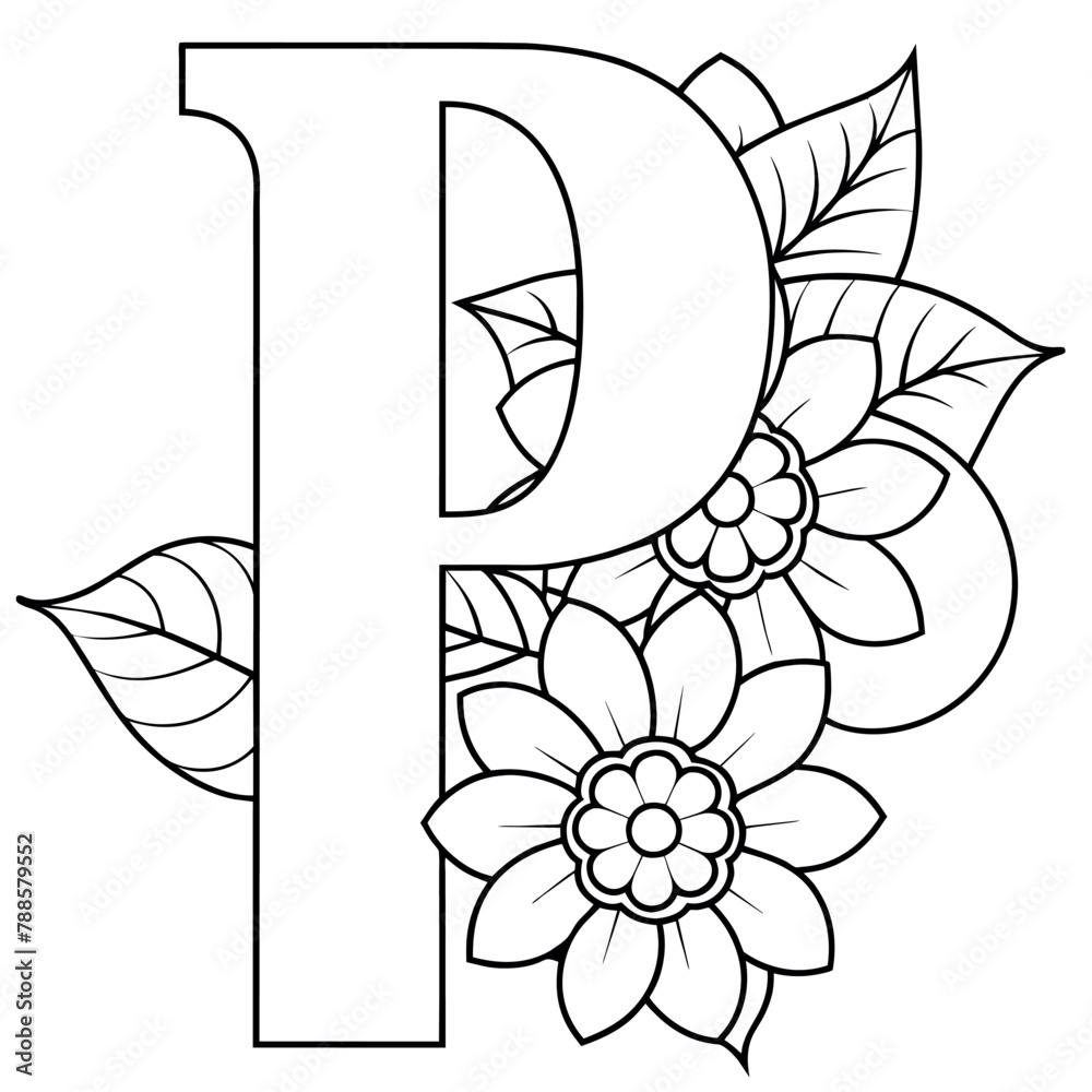 Alphabet P coloring page with the flower, P letter digital outline ...