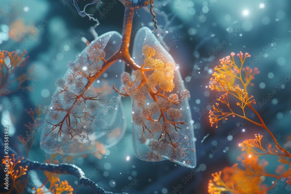 Lungs breathing, oxygen exchange, alveoli close-up, respiratory system ...
