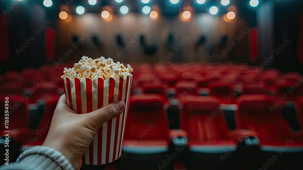 cinema with a hand holding popcorn in front of a movie screen, while ...