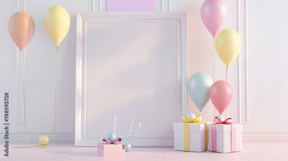 stockphoto, birthday photo frame template with balloons and cake ...